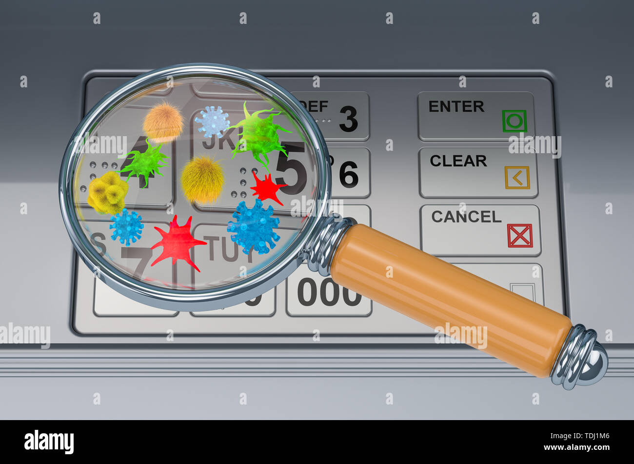 ATM machine with germs and bacterias under magnifying glass. 3D ...