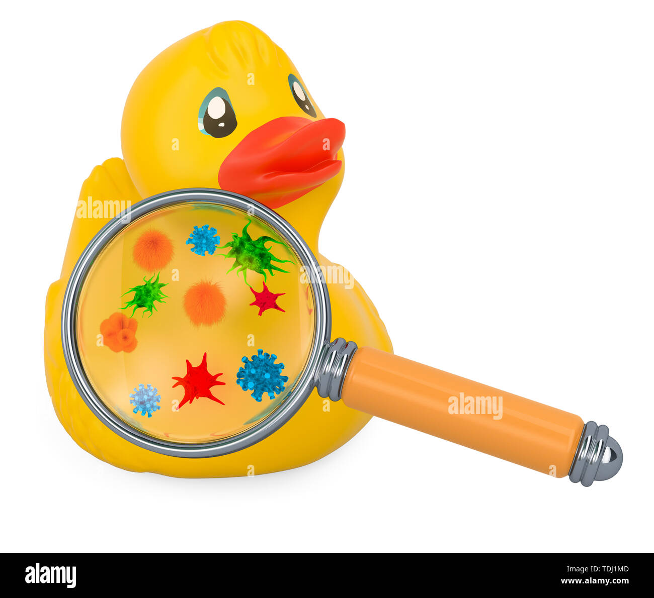 Rubber ducky with germs and bacterias under magnifying glass. 3D ...