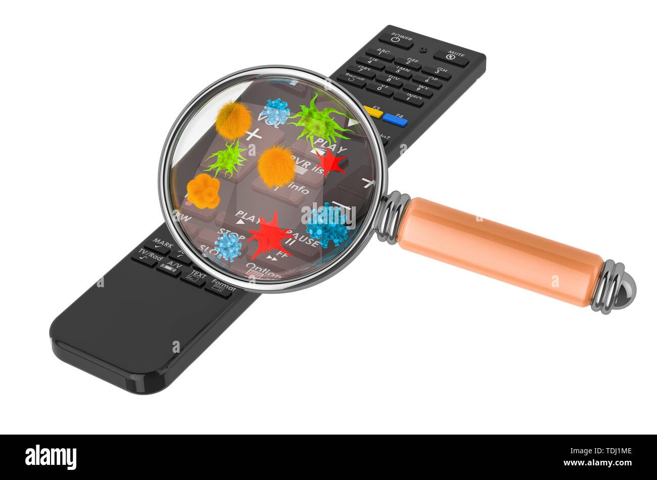 TV remote control with germs and bacterias under magnifying glass. 3D ...