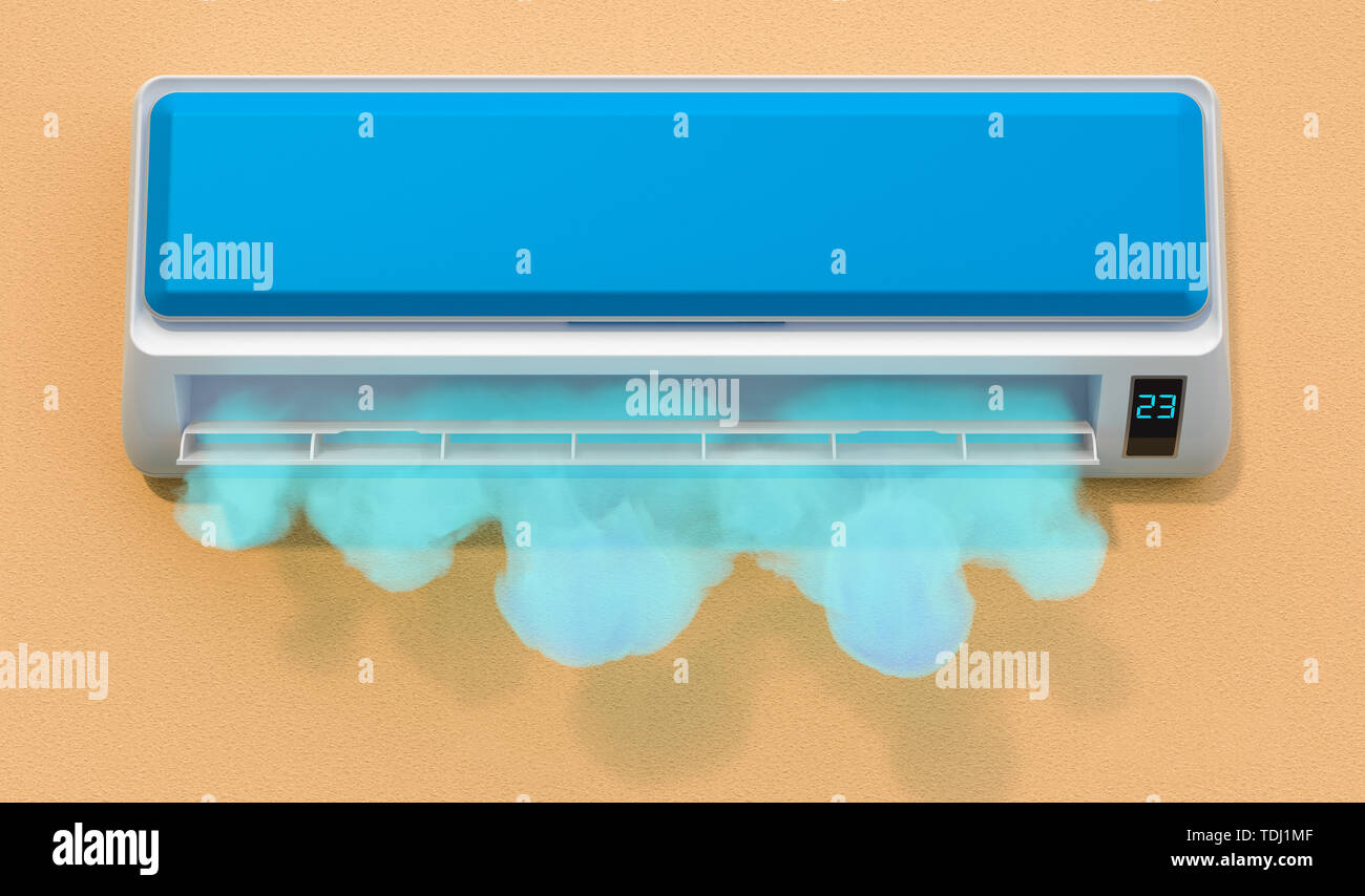 Air conditioner blowing cold air in the room. 3D rendering Stock Photo ...