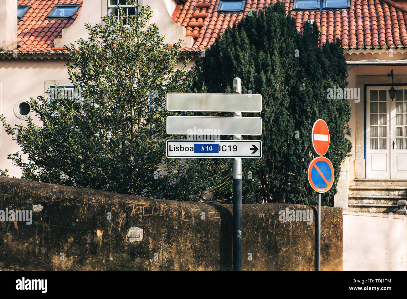 Road signs in Portugal. One of them indicates the direction of the road ...