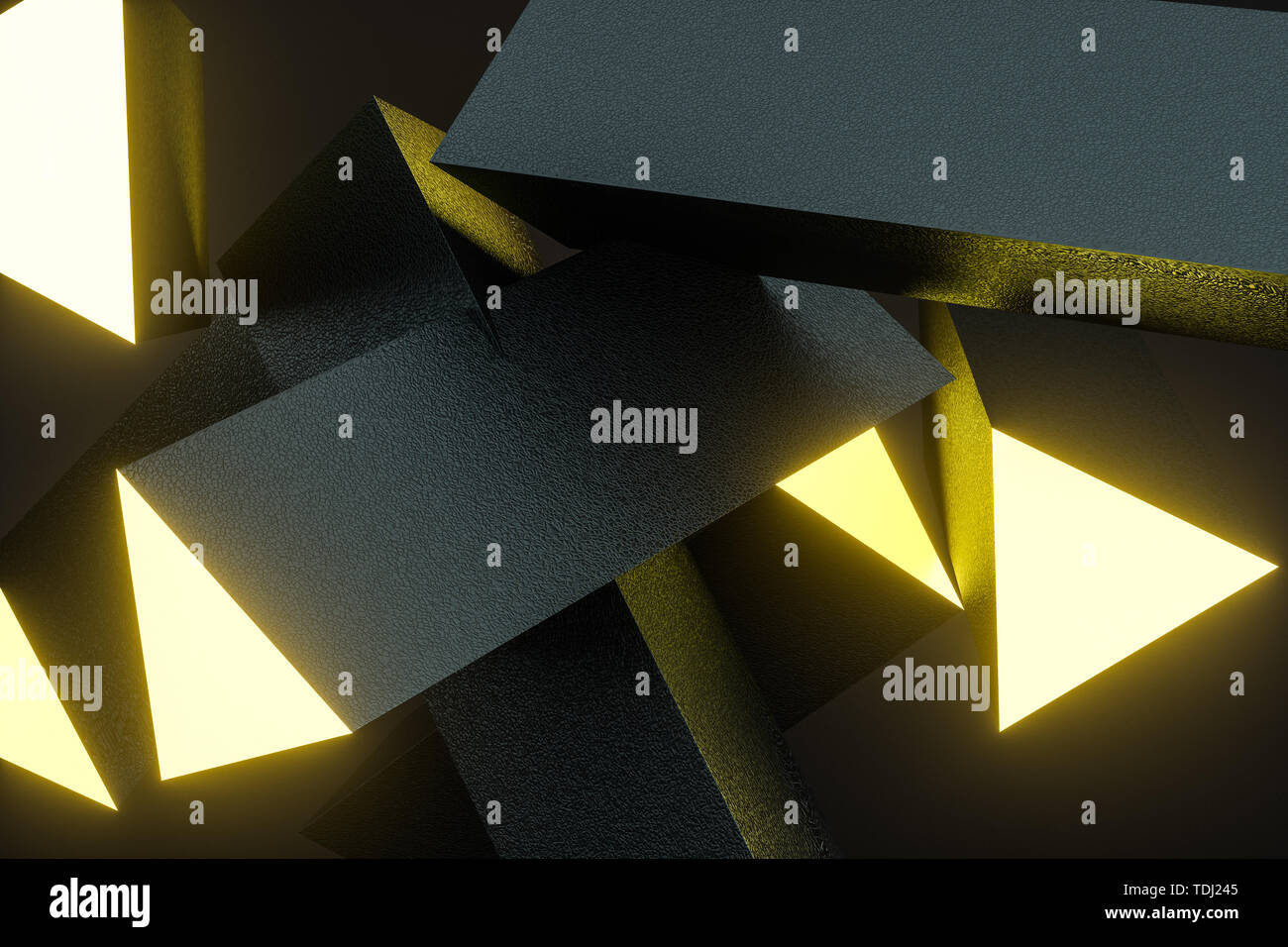 Three-dimensional rendering, glowing triangular columns against dark ...