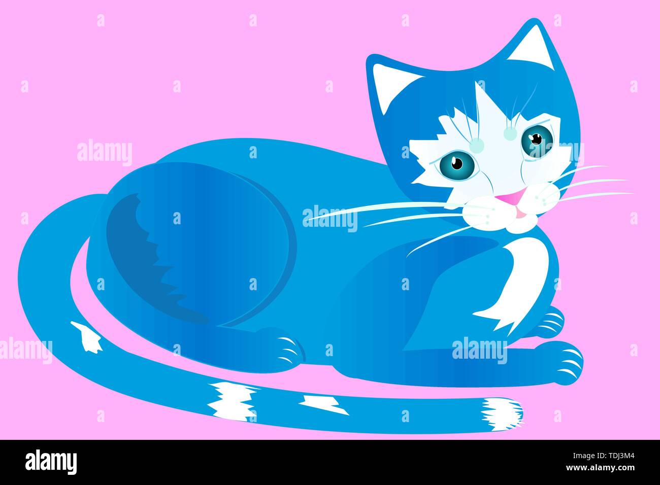 Blue cat with big eyes on a pink background. Flat vector illustration ...