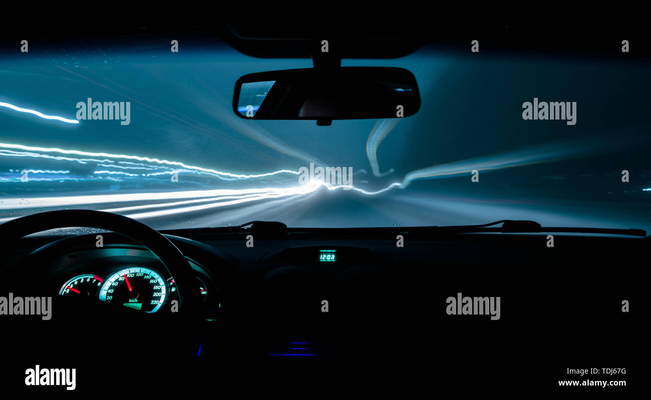 car drives a photograph on the road with a delay inside view Stock ...