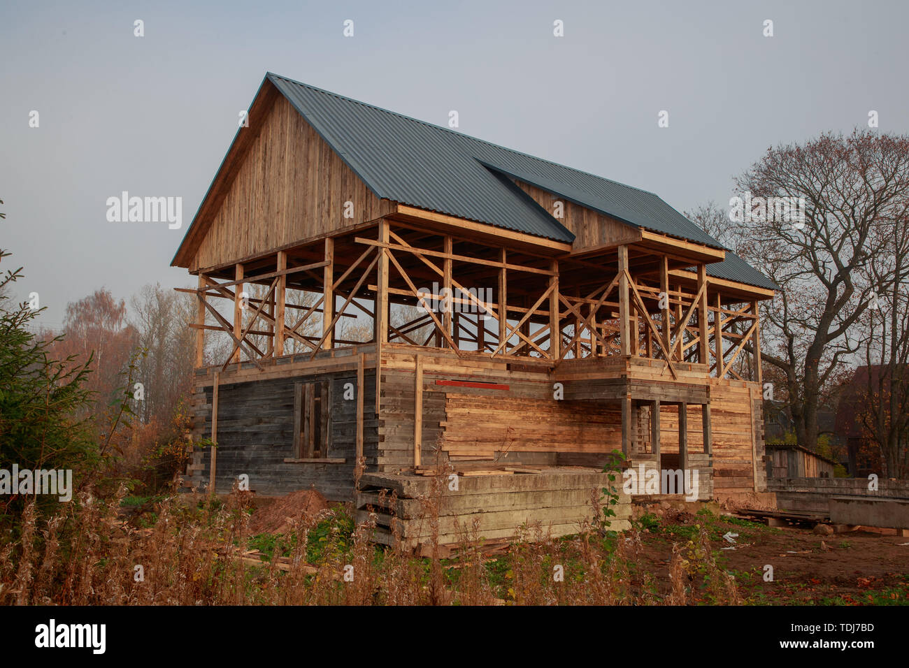 wooden construction of the house in the daytime outside view Stock ...