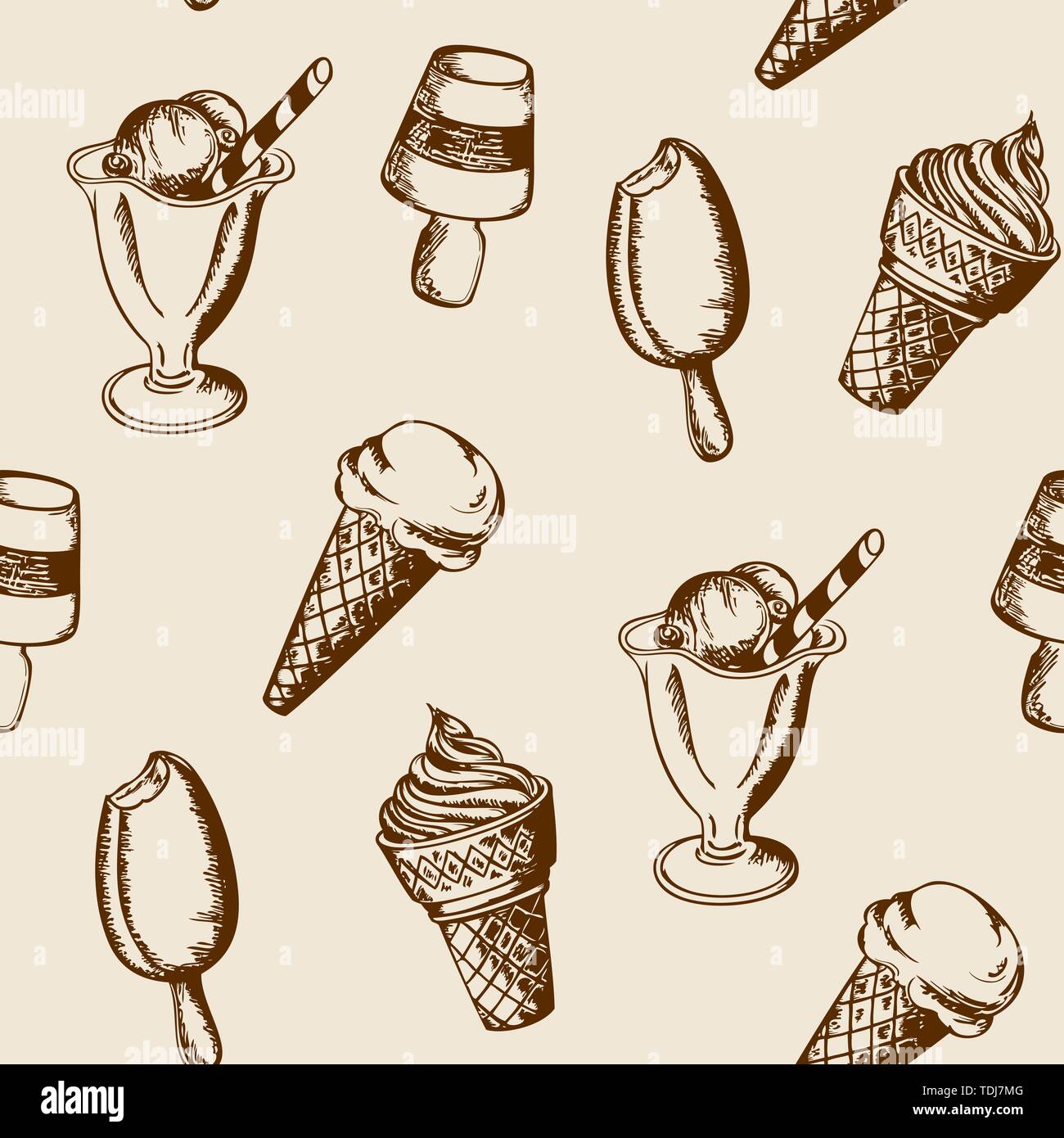 Vintage hand drawn seamless pattern with different ice cream. Vector ...