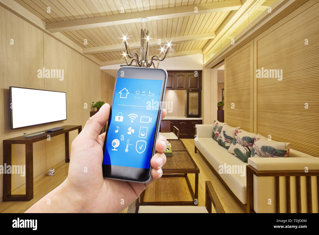 smart phone with smart home with modern living room Stock Photo - Alamy