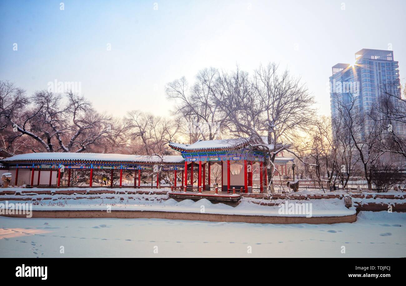Ancient buildings in the People's Park of Urumqi City in winter Stock ...