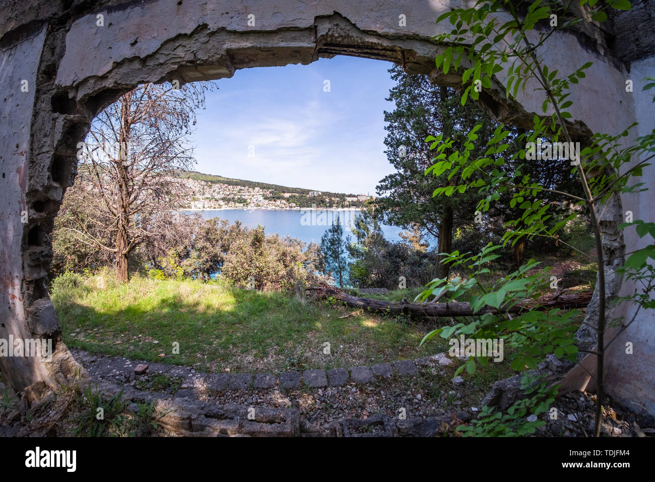 Abandoned ruined lost place port with funicular to bauxite mine in town ...