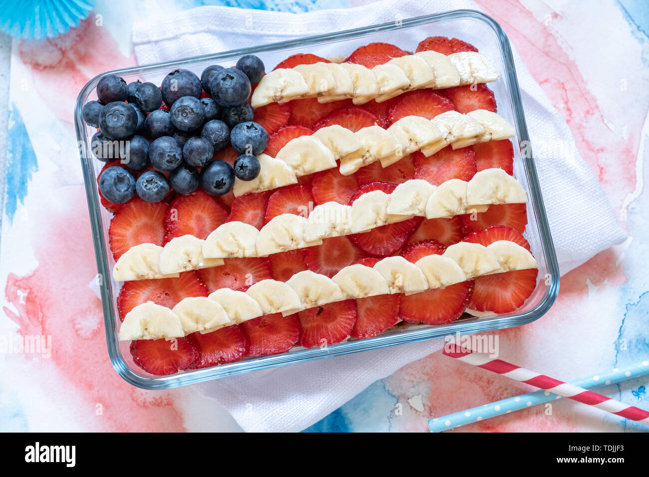 Patriotic American flag fruit berry dessert with banana, blueberries ...