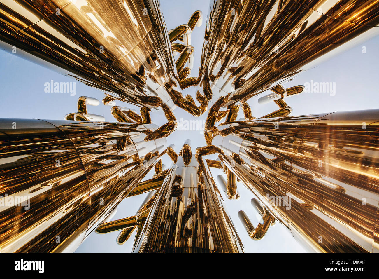 Several golden metal sculpture trees in Futian Central Park in Shenzhen ...