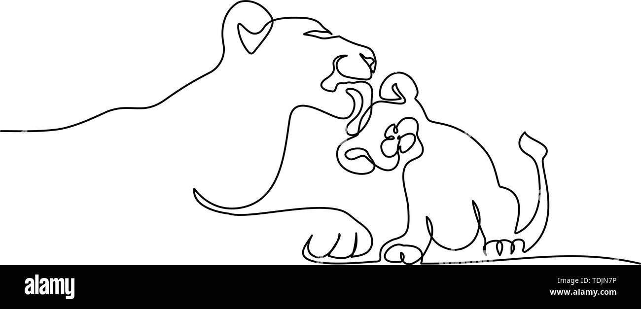 Continuous one line drawing. Young lioness with lion cub. Vector ...