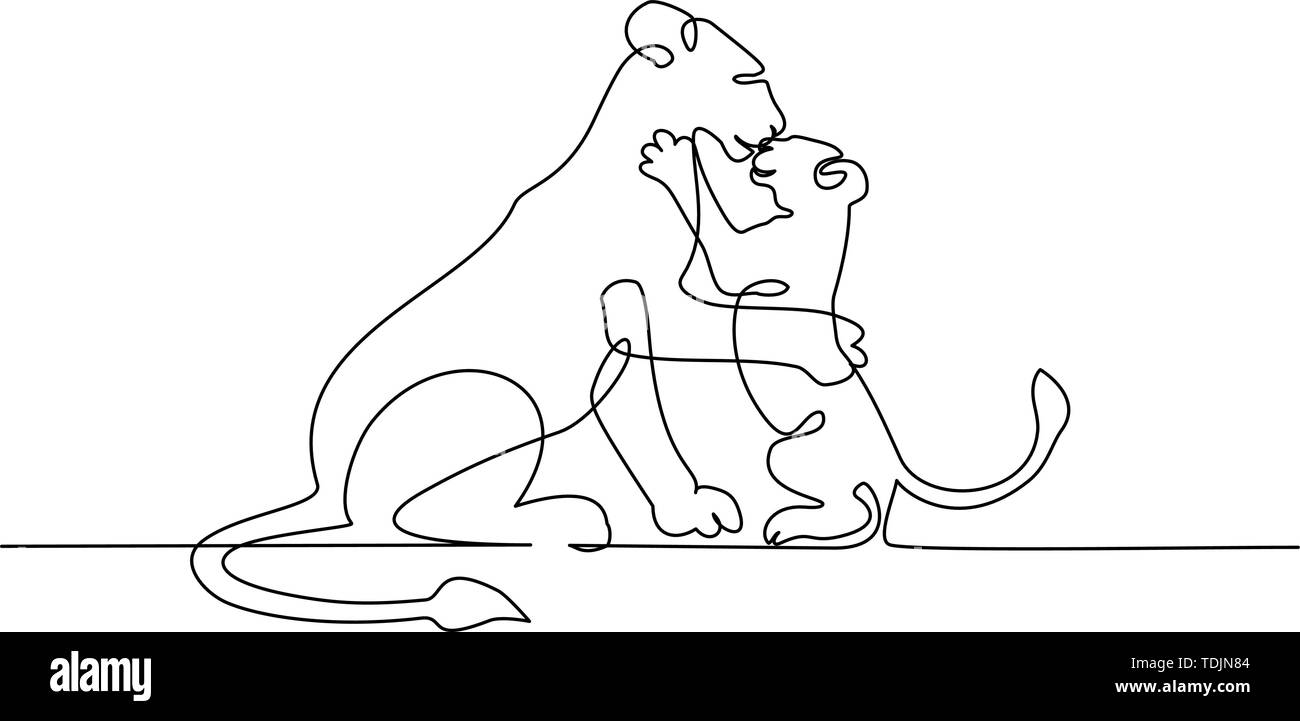 Continuous one line drawing. Young lioness with lion cub. Vector ...