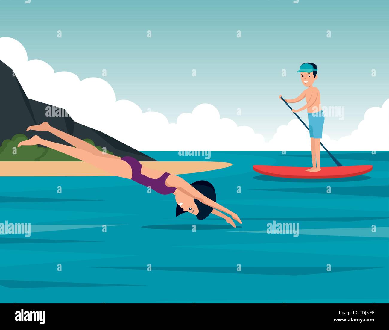 girl practice header jump and boy paddle board Stock Vector Image & Art ...