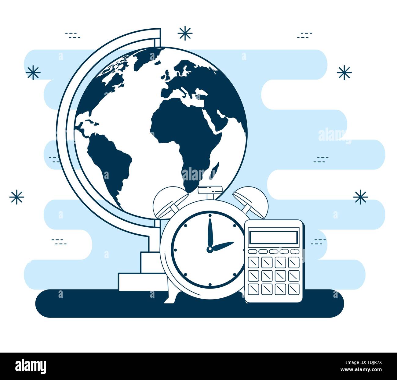outline global map with clock alarm and calculator Stock Vector Image ...