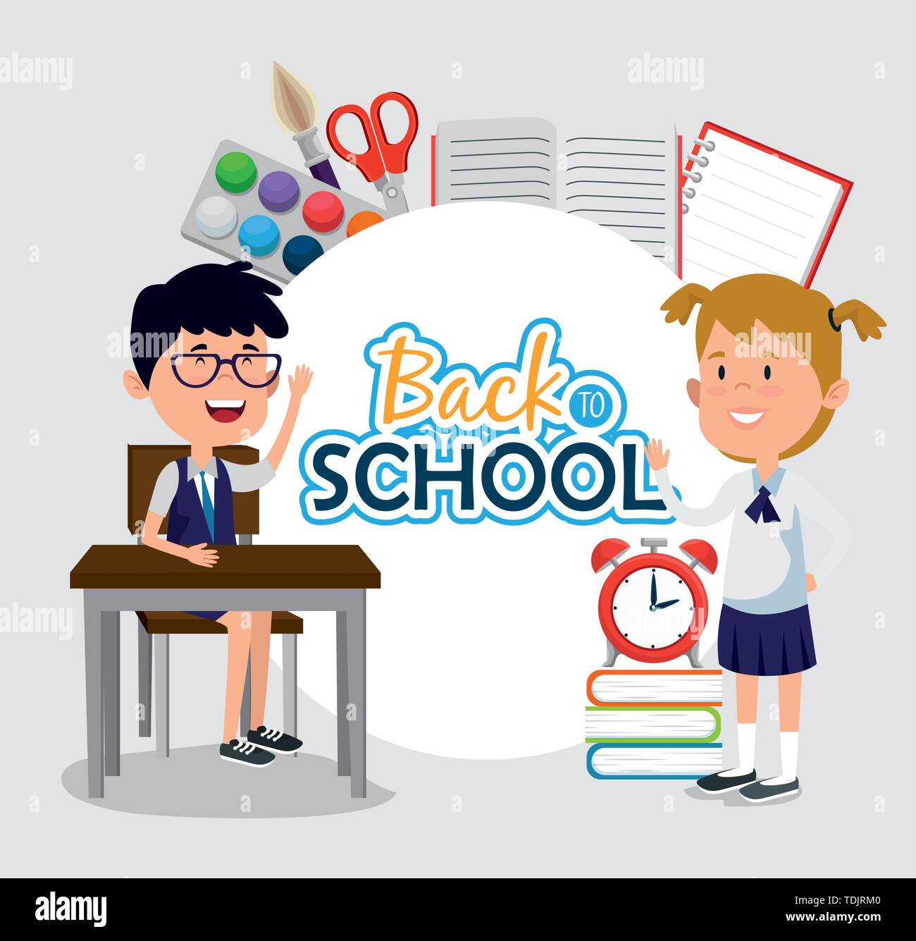 label of girl and boy students with education supplies Stock Vector ...