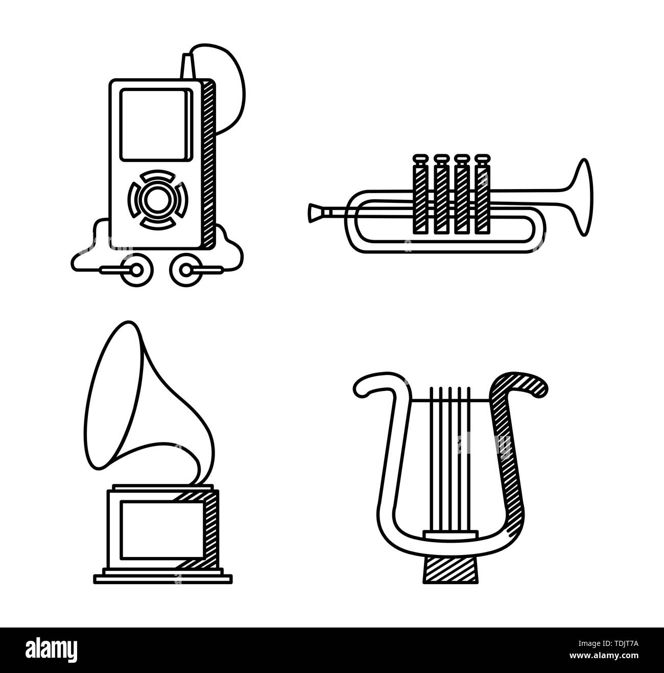 set of mp4 with headphones and trumpet with harp and turntable Stock ...