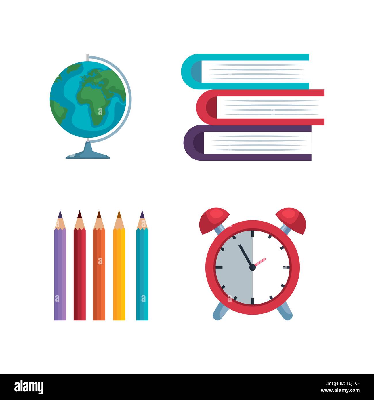 set of global map with pencils colors and books with clock alarm Stock ...