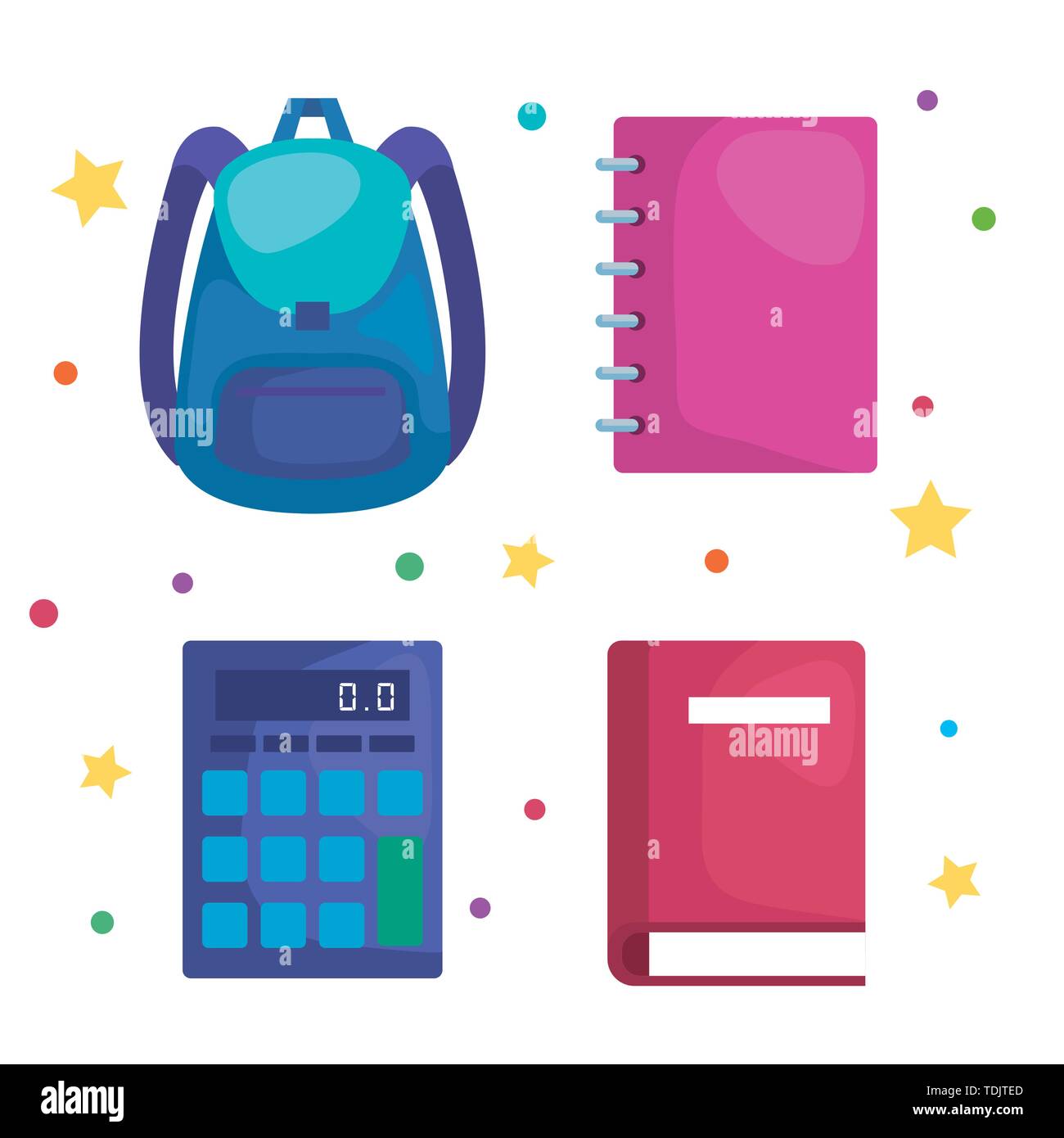 set of backpack with calculator and notebook with book Stock Vector ...