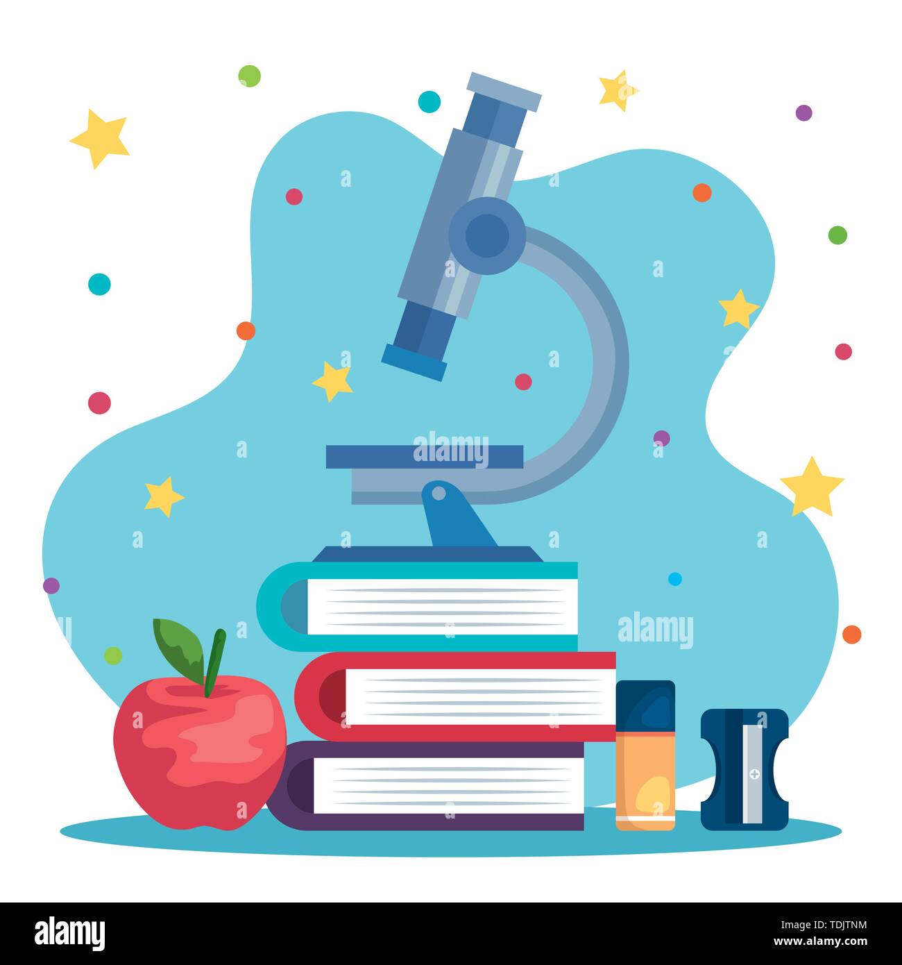 books with apple fruit and microscope with eraser and sharpener Stock ...