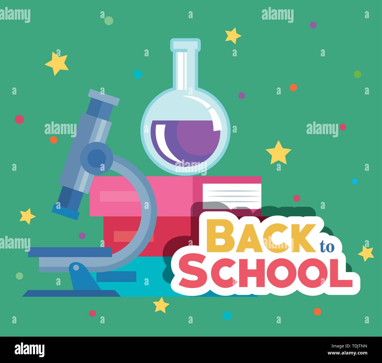 erlenmeyer flask with microscope and books elementary Stock Vector ...