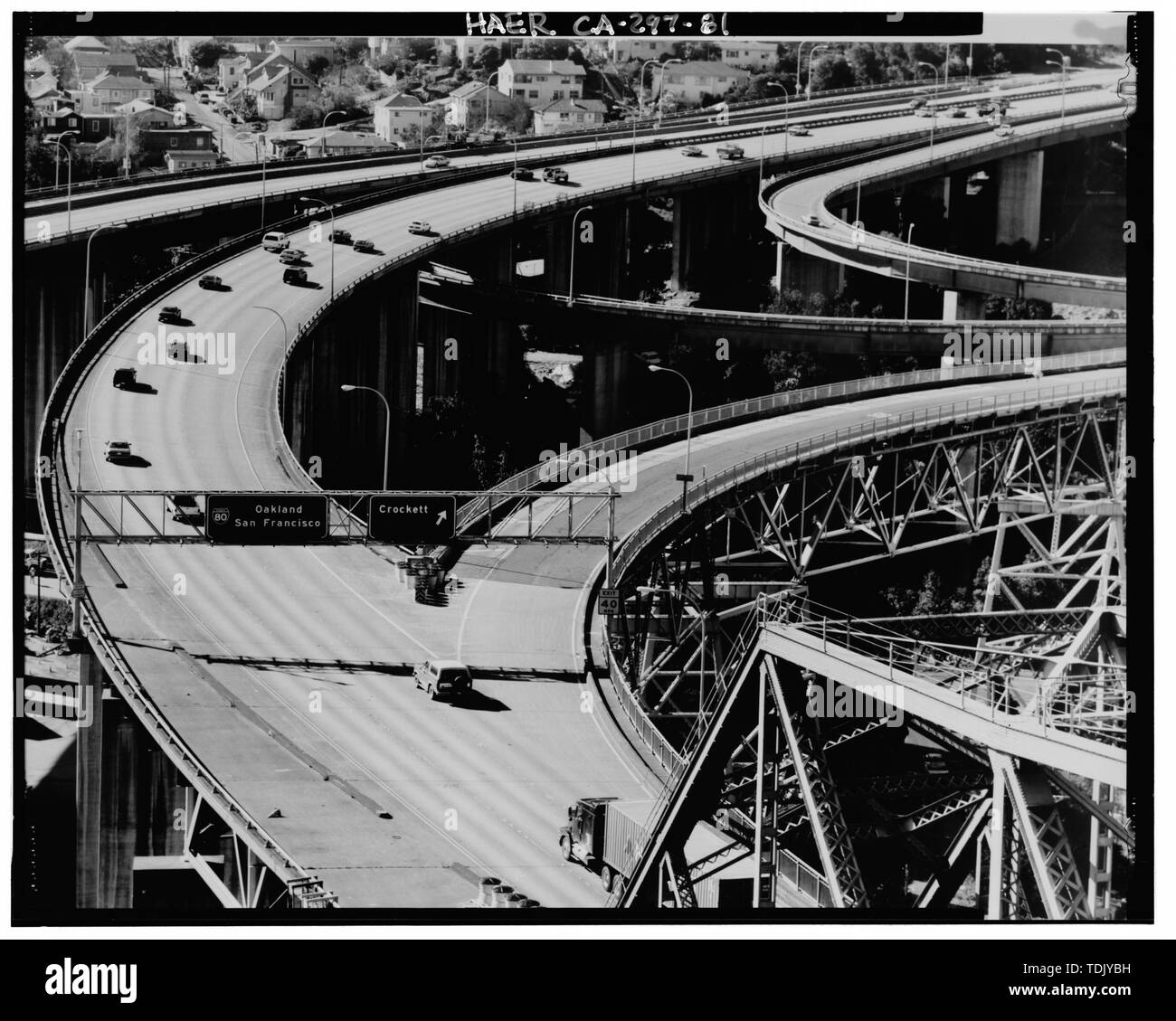 Oblique aerial view of the original Crockett approach viaduct (lower ...