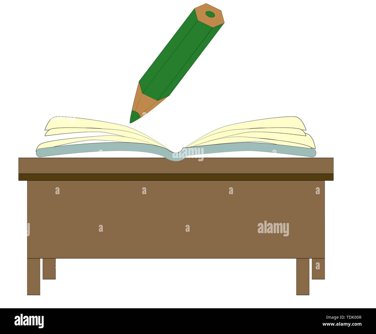 An illustration of a cartoon pencil writing in a book on the desk Stock ...