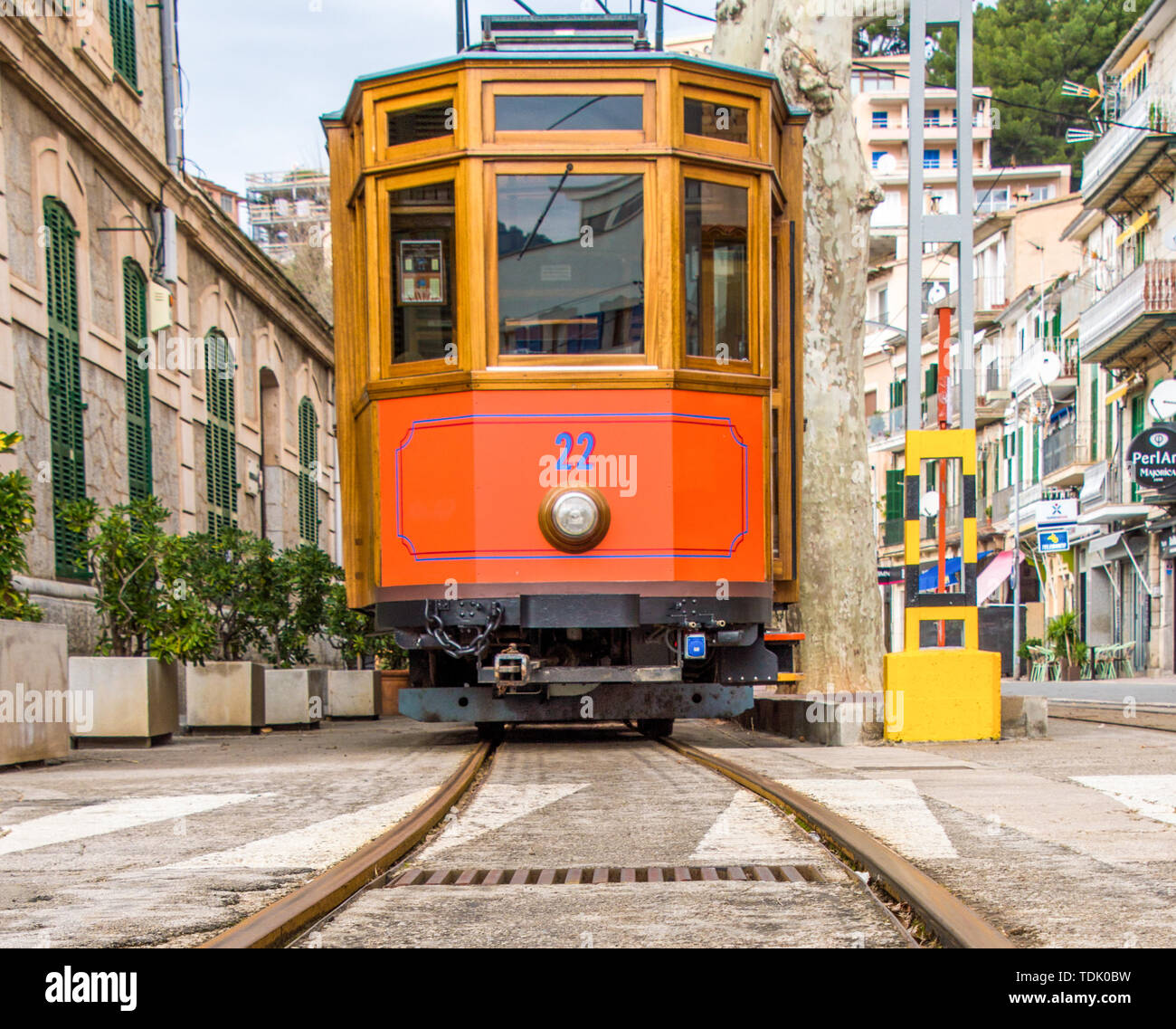 Majorca sóller port tram front view Stock Photo - Alamy