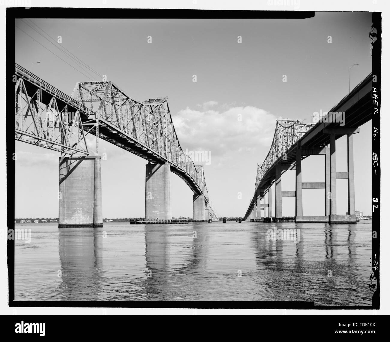 OBLIQUE VIEW OF SOUTH SIDE OF COOPER RIVER SPAN FROM CHANNEL BELOW ...
