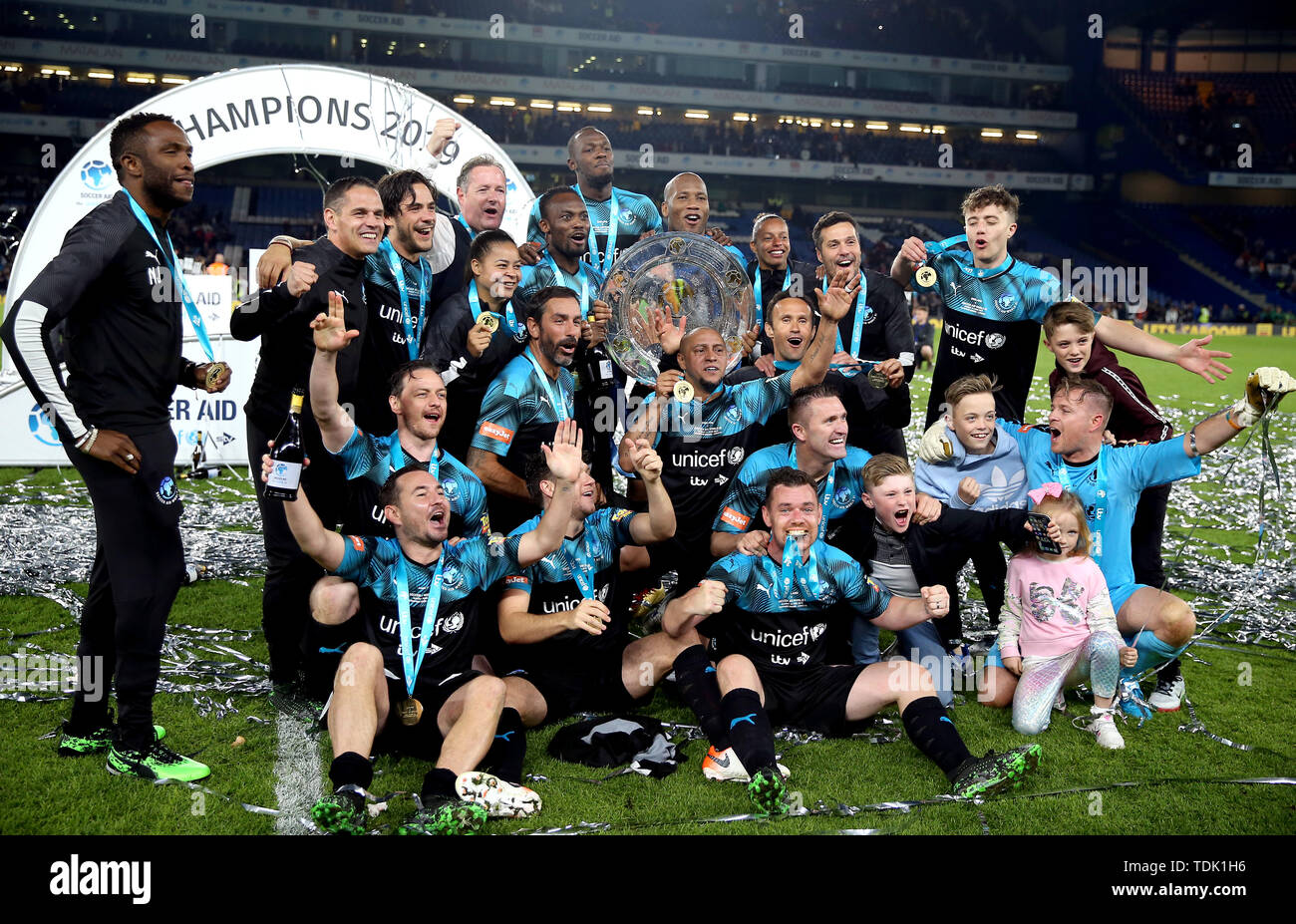 World Eleven team celebrate their victory at the end of the Soccer Aid ...