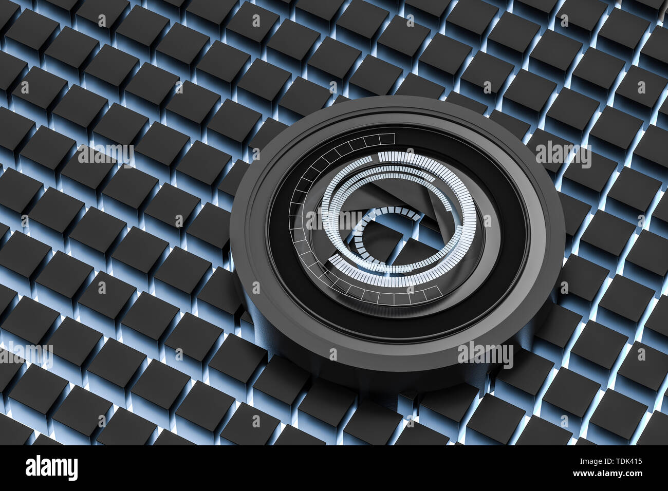 3d rendering,camera lens in a dark studio background. Computer digital ...