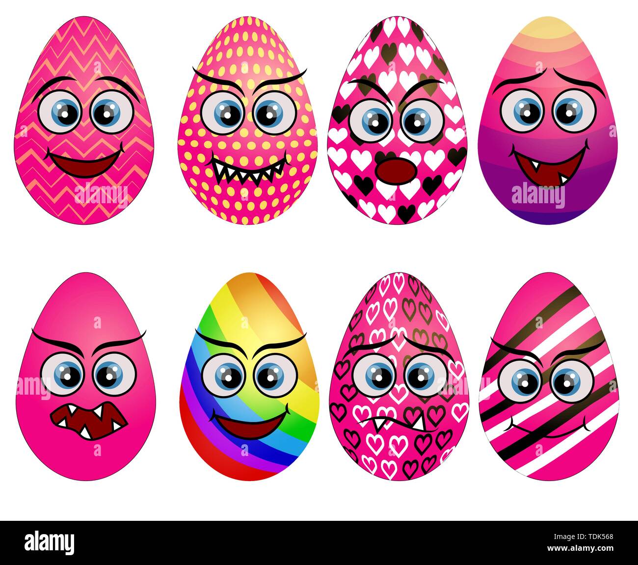 Set of cute Easter eggs. Set of Emoji egg. Smile eggs. Isolated flat ...