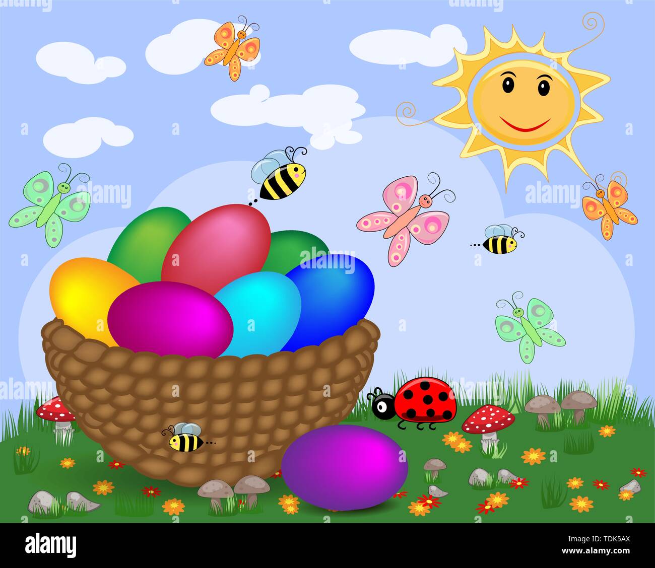 Easter background with decorated Easter eggs and Easter eggs in basket ...