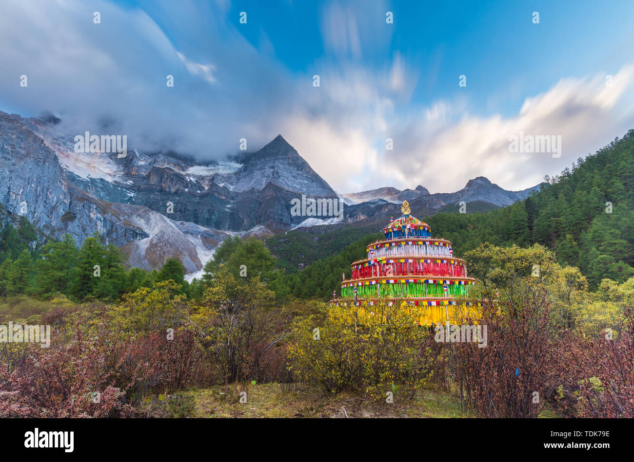 The prayer flags under the snow mountain of Aden, Taocheng, Sichuan ...