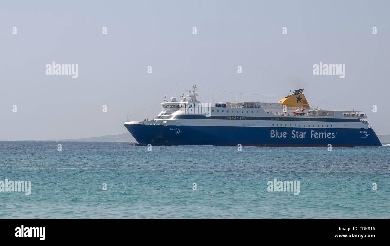 CHORA, MYKONOS, GREECE- SEPTEMBER,15, 2016: medium view as a blue star ...