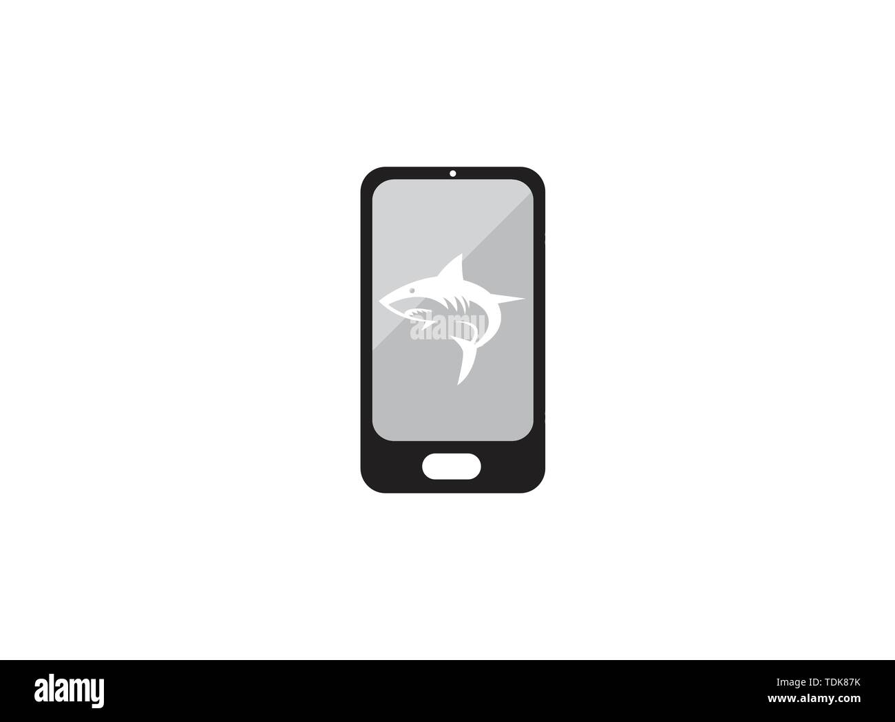 Angry blue shark fish Logo design illustration i a smartphone shape ...