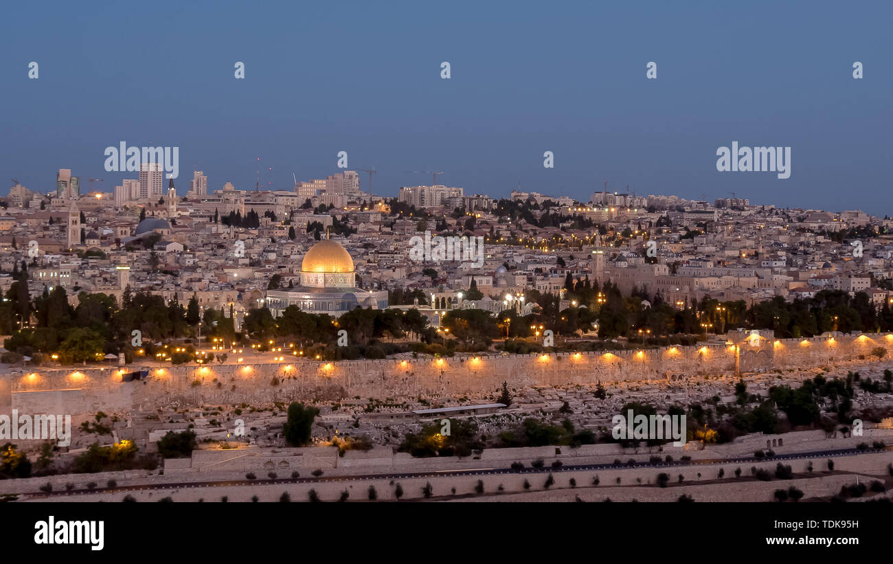 night shot of the dome of the rock and temple mount from the mount of ...
