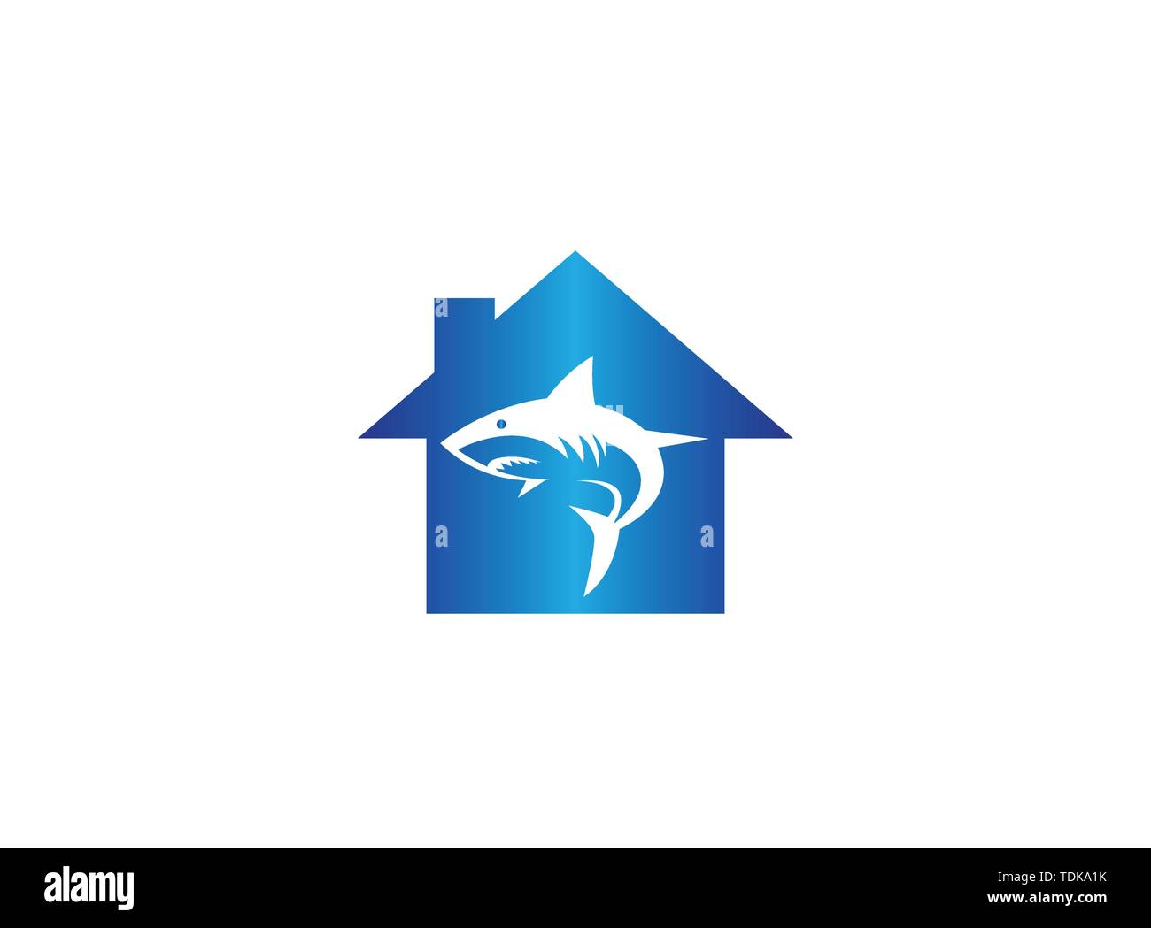 Angry blue shark fish Logo design illustration i a home shape house ...