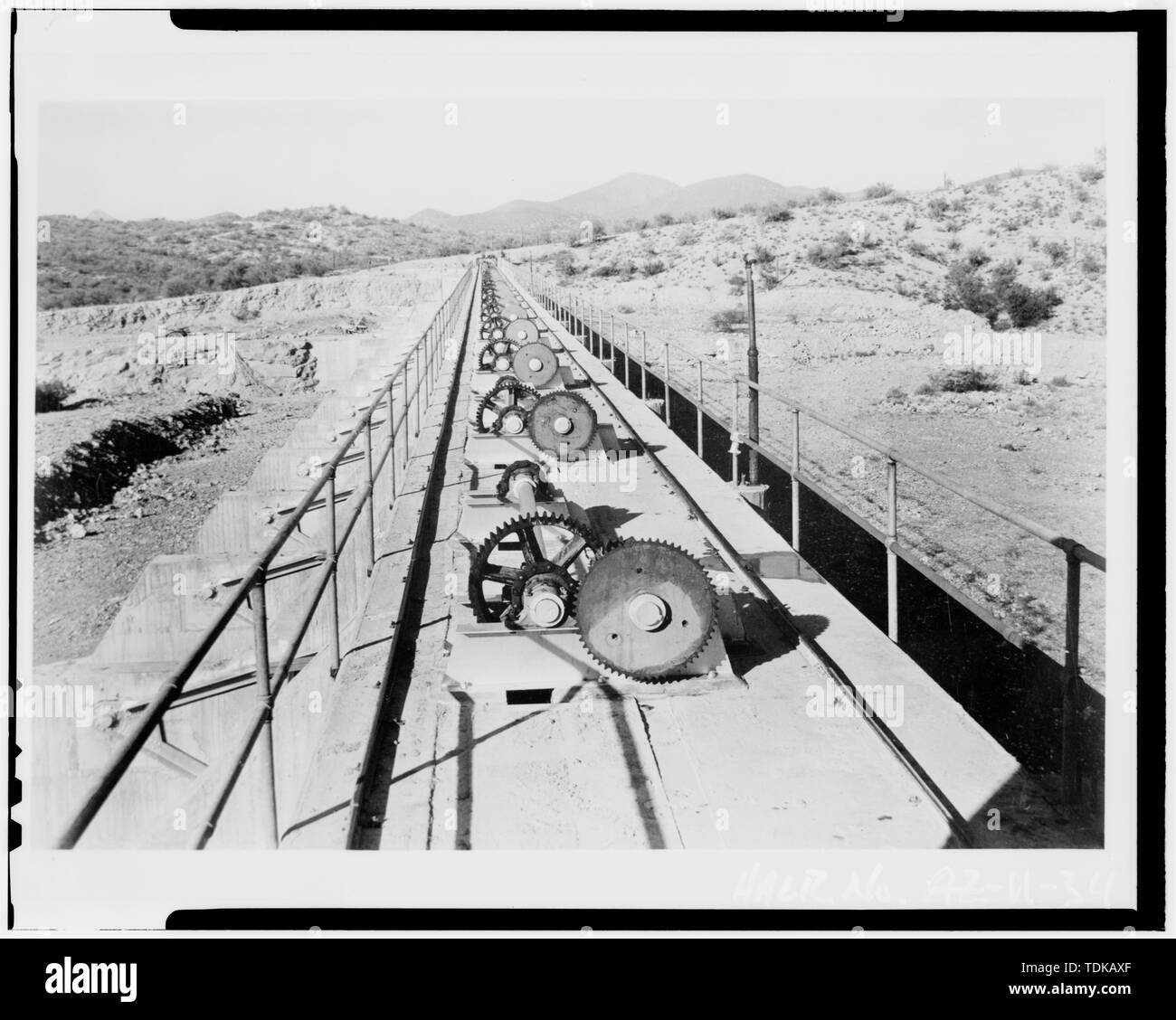 Operating mechanisms for spillway gates, looking west. Photographer ...