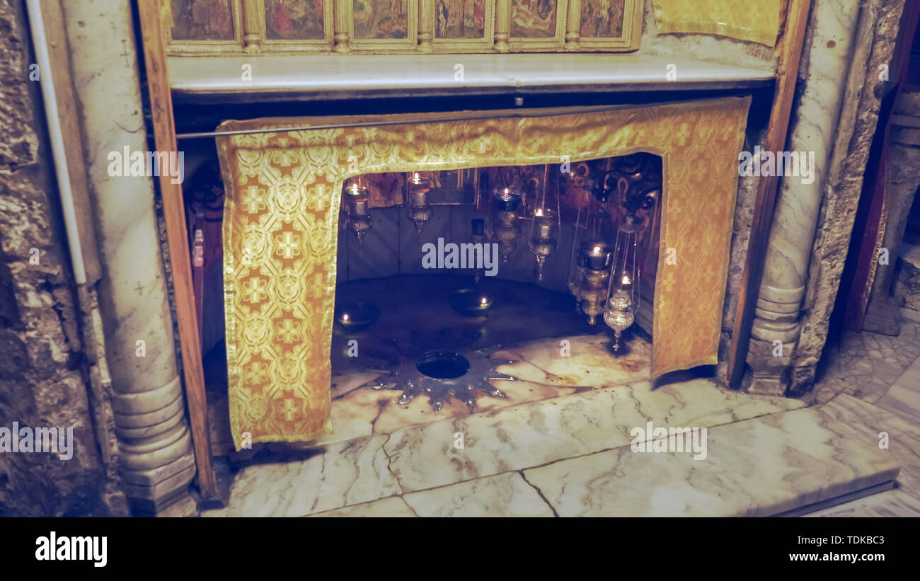 BETHLEHEM, PALESTINE- SEPTEMBER, 22, 2016: the fourteen point star in ...