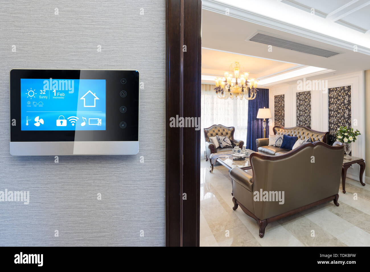 smart screen with smart home and modern living room Stock Photo - Alamy