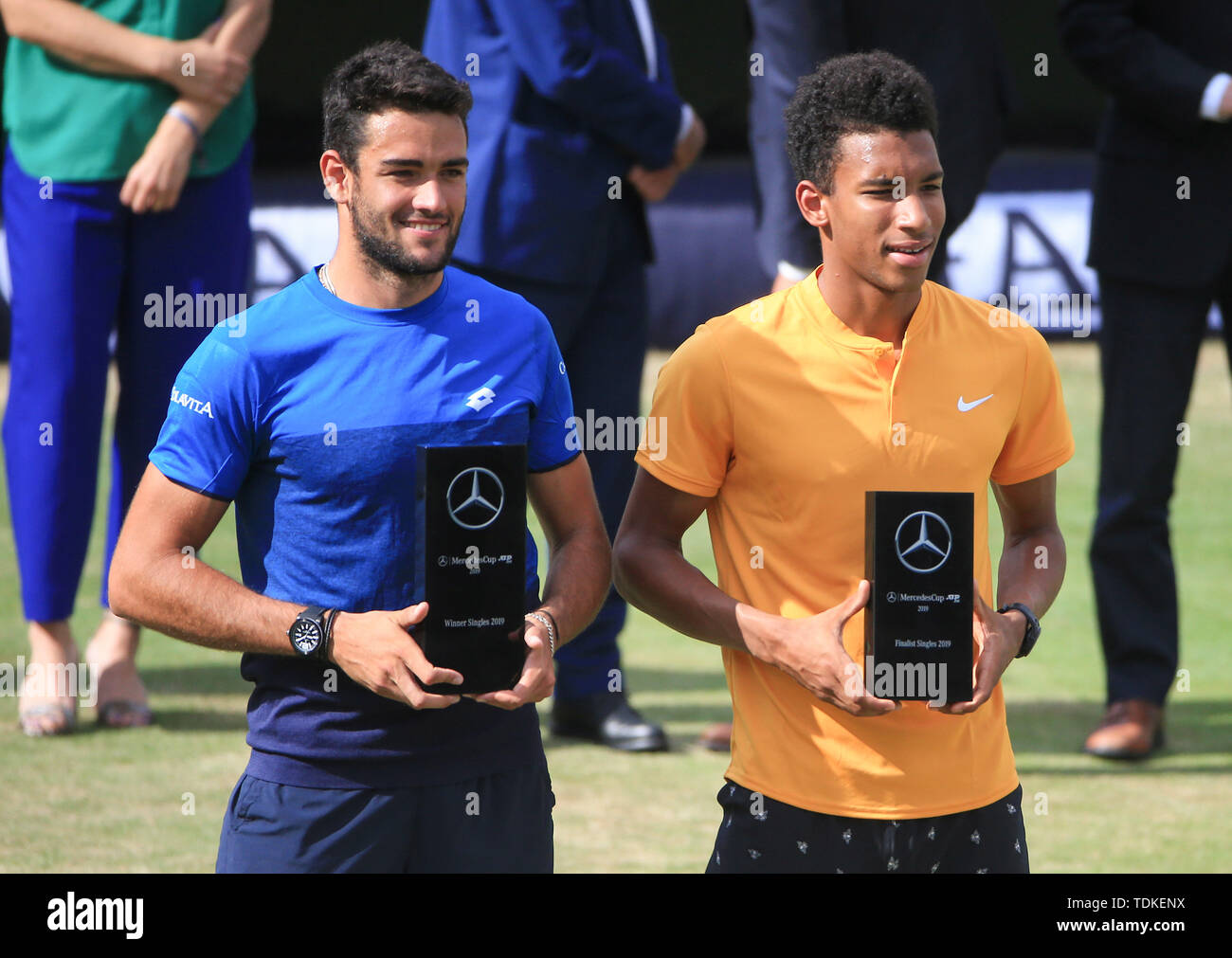 Stuttgart, Germany. 16th June, 2019. Matteo Berrettini (L) of Italy and Felix Auger-Aliassime of ...