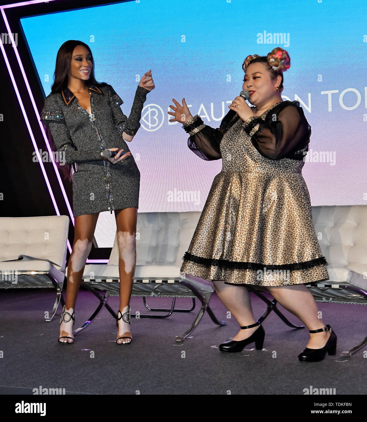 Model Winnie Harlow (L) and Japanese comedian Watanabe Naomi attend the ...