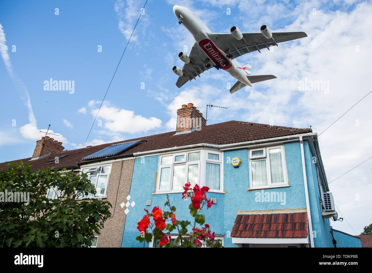 London, UK. 17 June, 2019. An aircraft on the final approach to ...