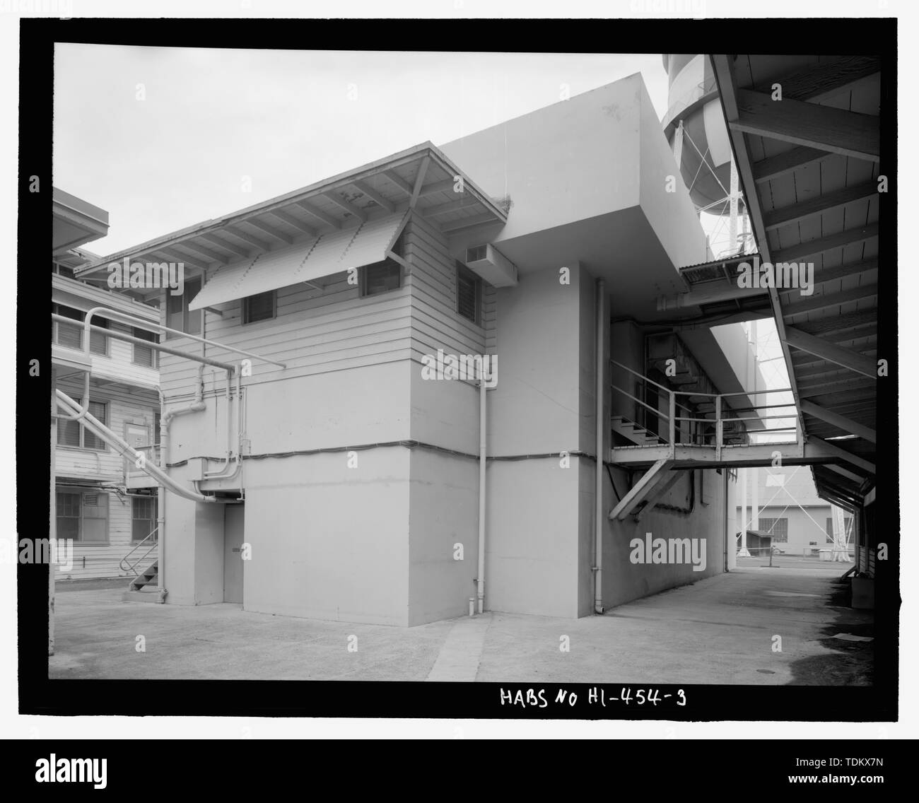 Oblique view of east and south sides from Building 1, view facing north ...