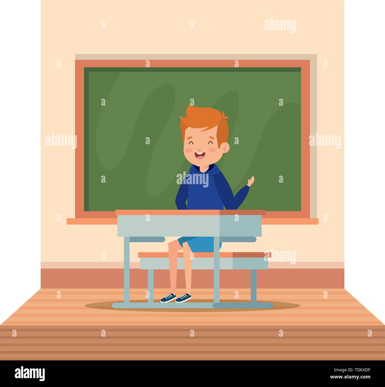 little student boy seated in school desk on the classroom Stock Vector ...