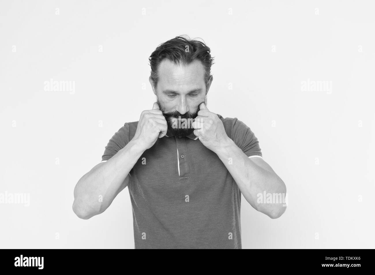 Man bearded twisting moustache yellow background. Ultimate moustache ...