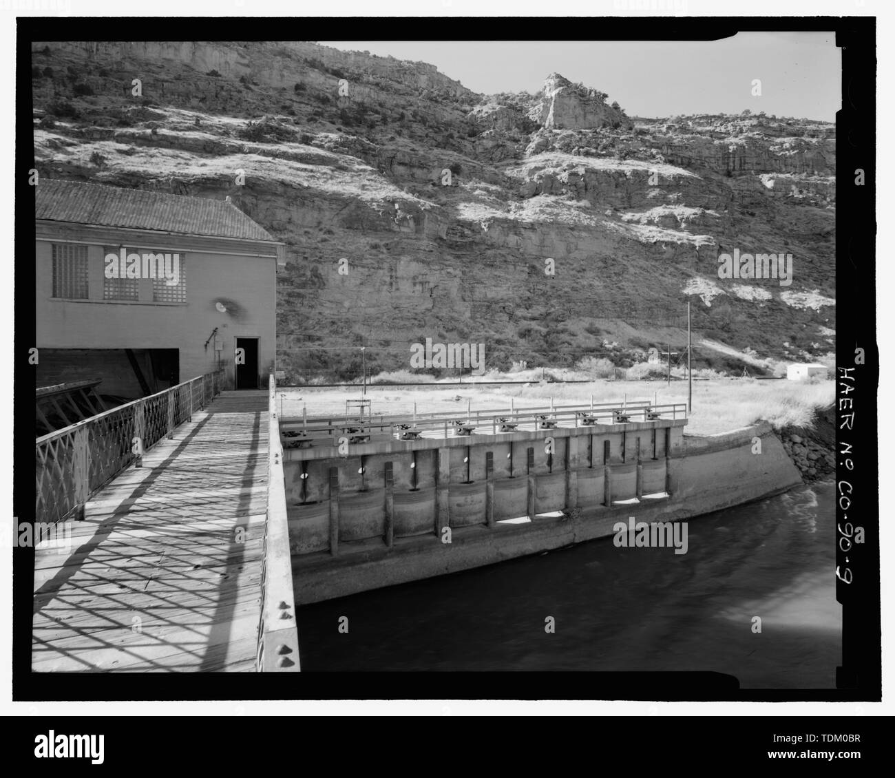Oblique view, looking west-northwest, of east side (inlet) of headworks ...
