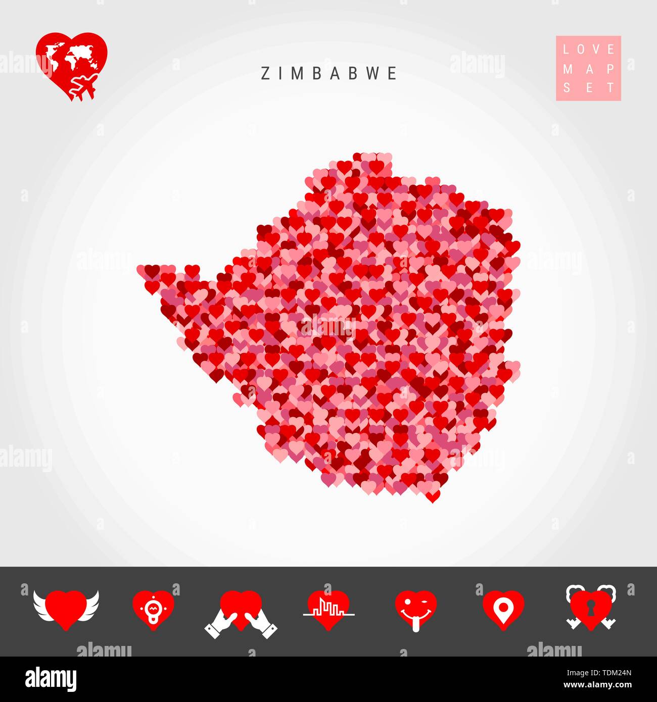 I Love Zimbabwe. Red and Pink Hearts Pattern Vector Map of Zimbabwe ...