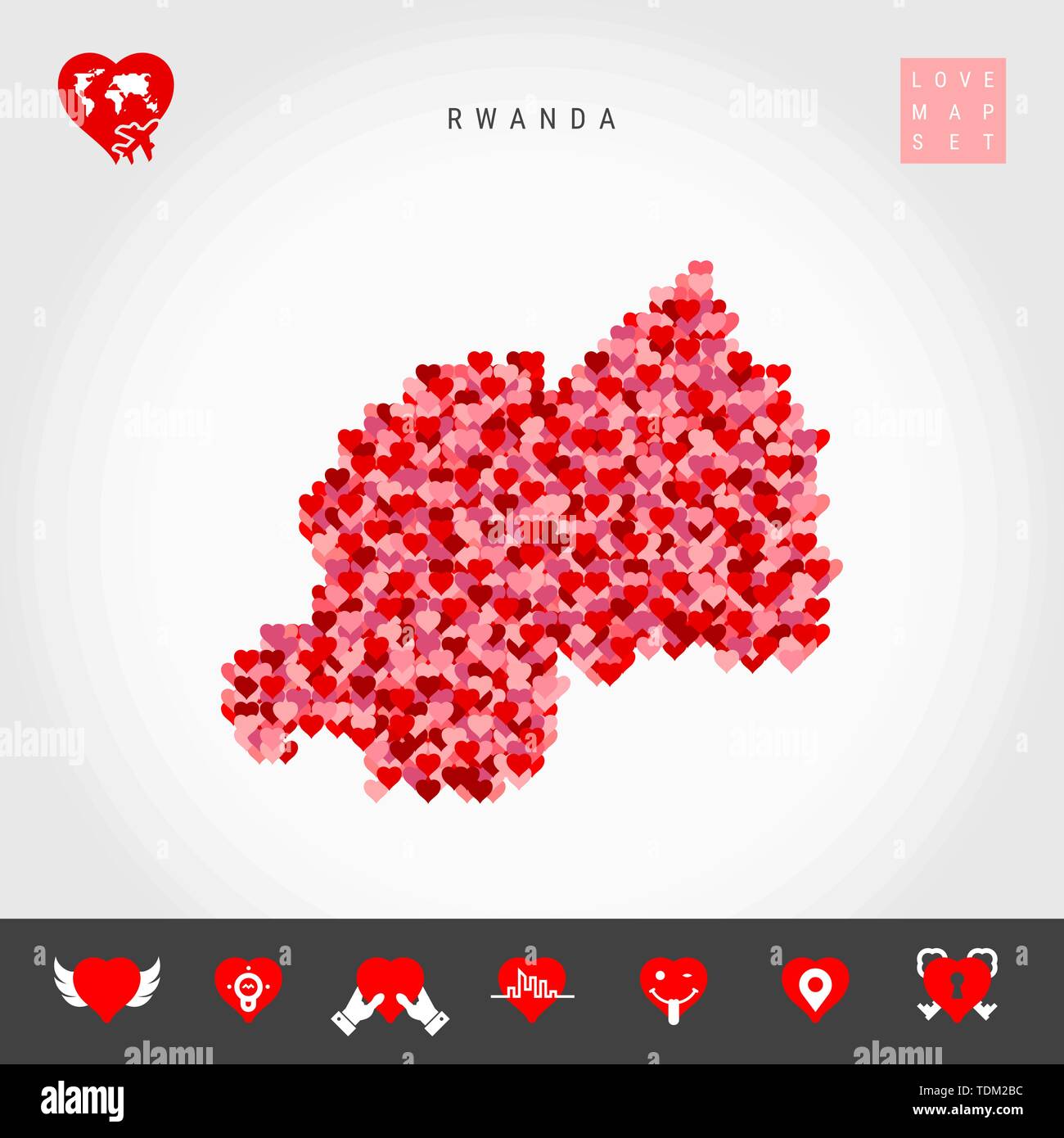 I Love Rwanda. Red and Pink Hearts Pattern Vector Map of Rwanda ...